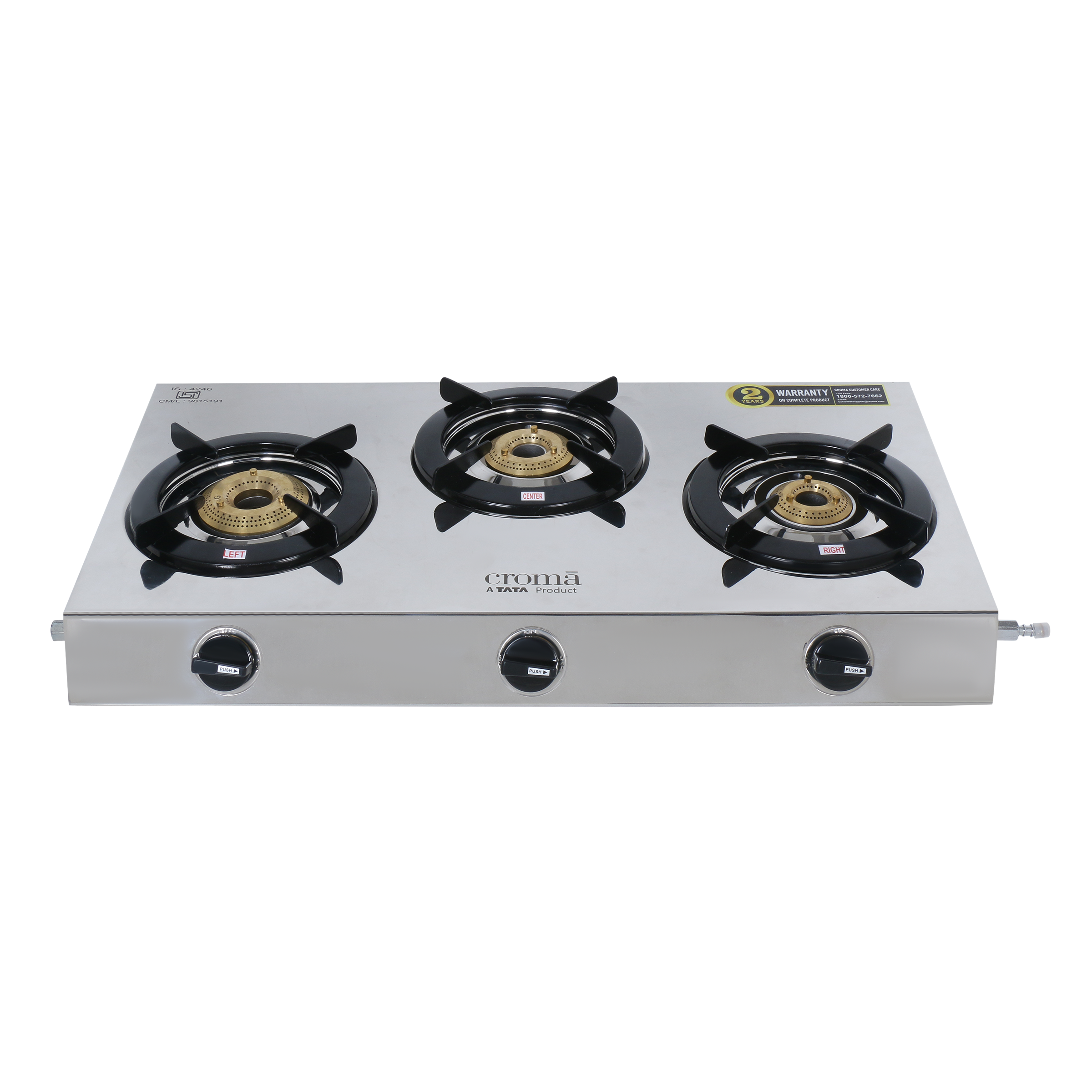 Buy Croma 3 Burner Manual Gas Stove (Stainless Steel, Silver) Online - Croma